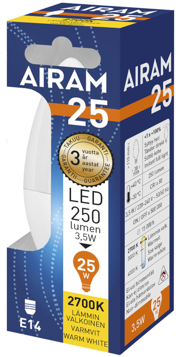 Airam Led-kynttilälamppu E14 3 W C35 827 250lm OP - veke.fi