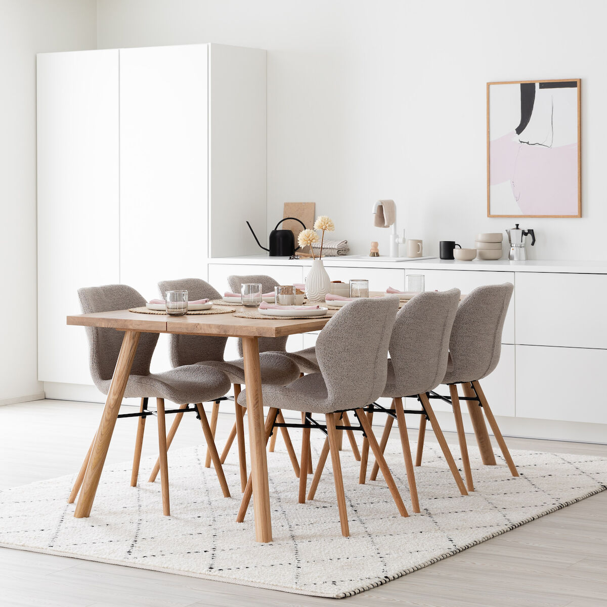 Veini-Keto 6-hengen ruokailuryhmä lakattu tammi/beige Monza - veke.fi